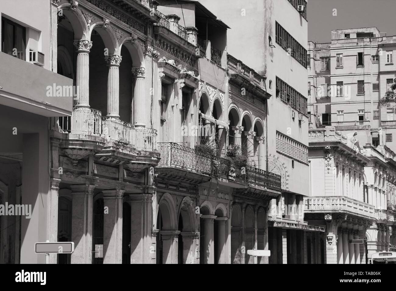 Havana, Cuba - city architecture. Old residential buildings. Black and ...