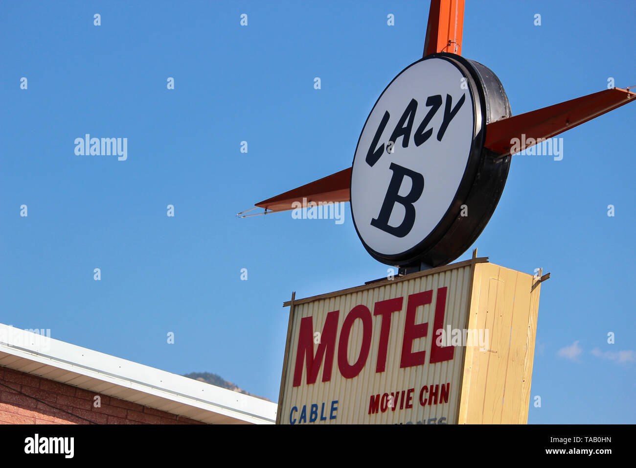 Vintage Americana mid-century motel sign in rural Wyoming, the Lazy-B ...
