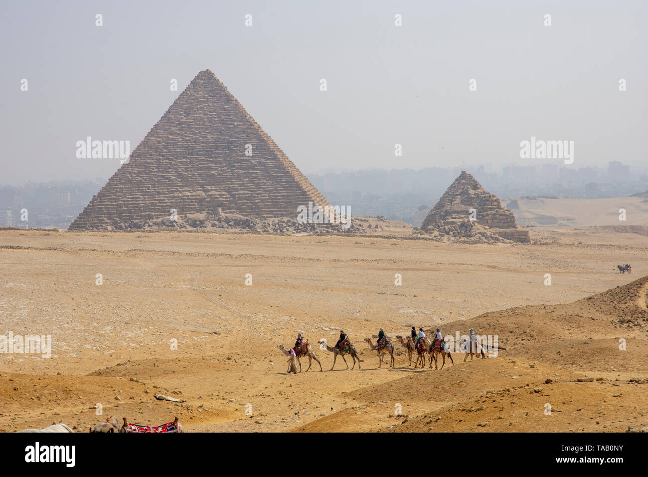 Tourists ride camels near the Great Pyramids of Giza, near Cairo, Egypt ...