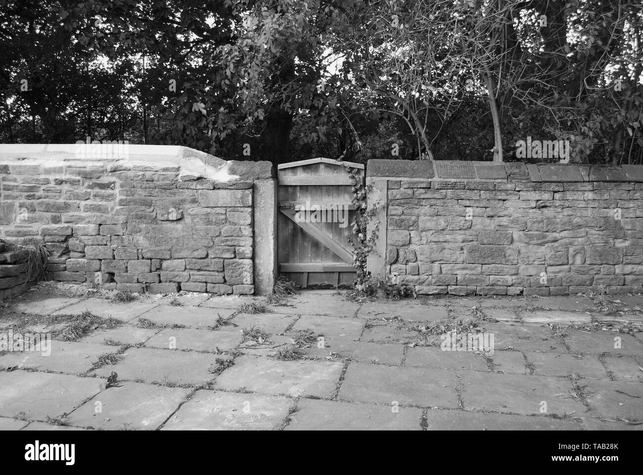 Black & white image of an old wall and gate Stock Photo - Alamy