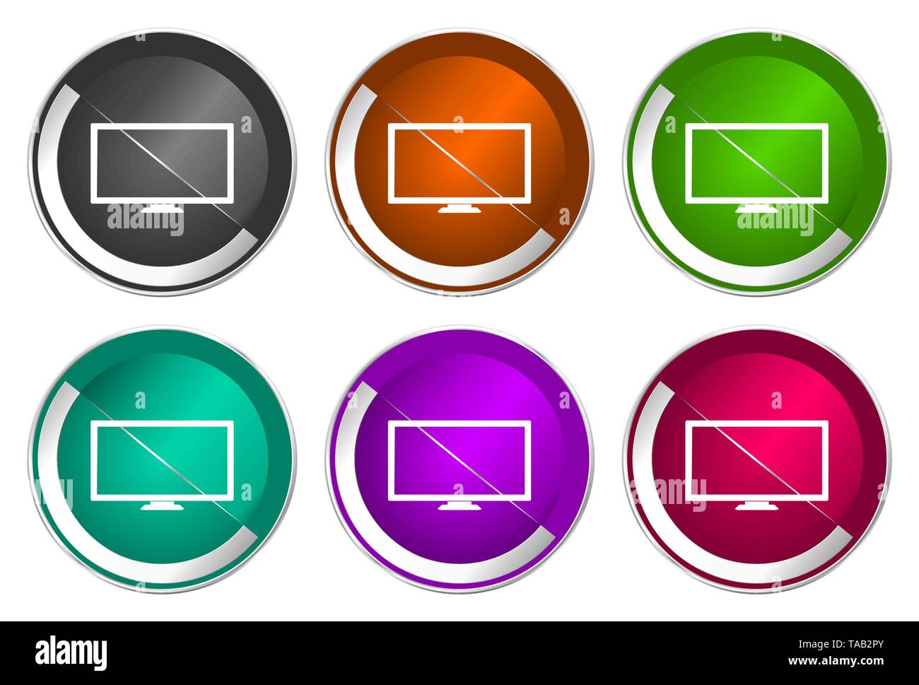 Tv screen symbol, set of silver metallic round icons in six colors ...