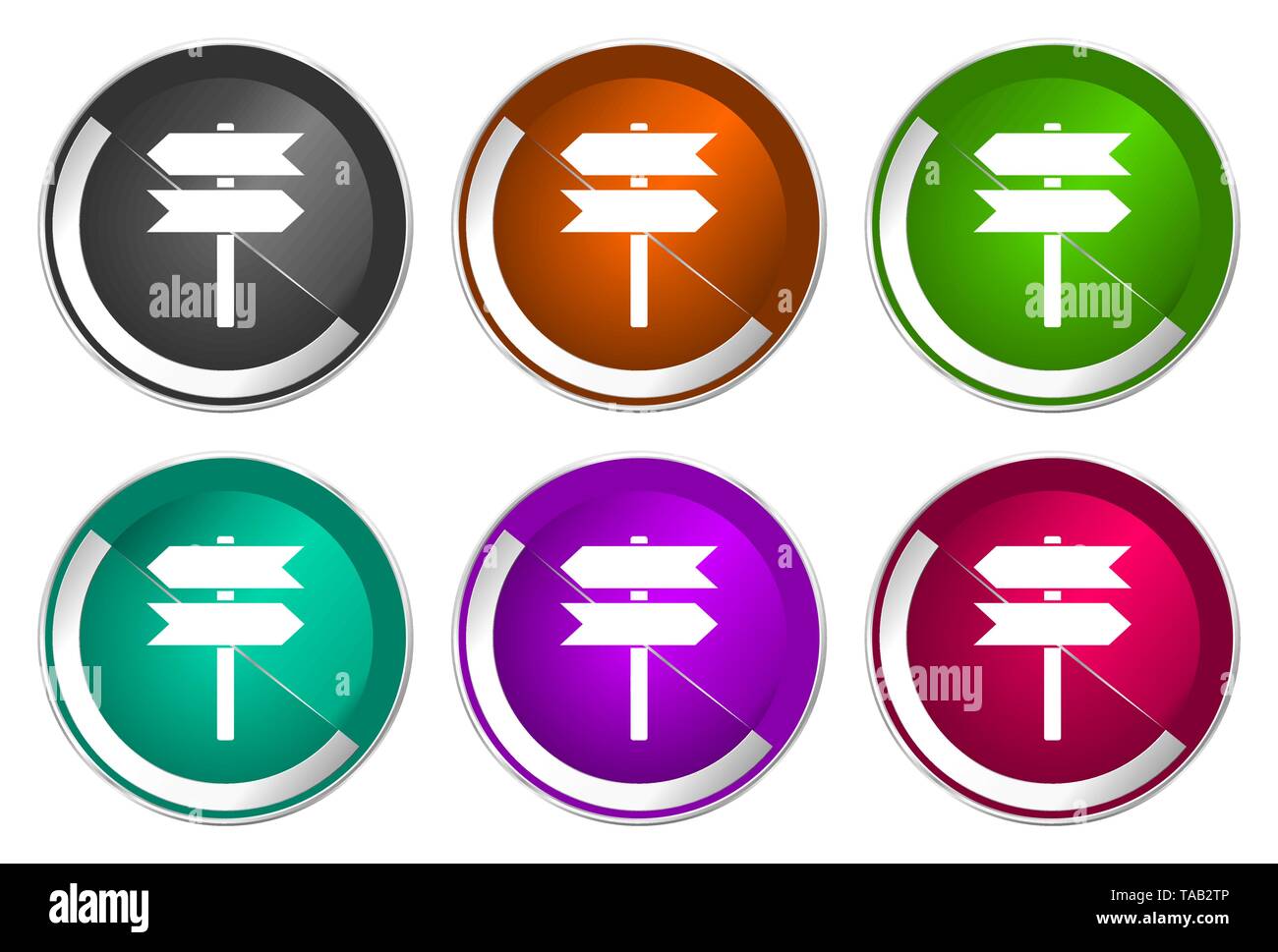 Signpost symbol, set of silver metallic round icons in six colors ...