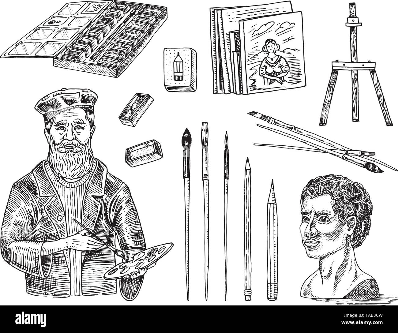 Tools and materials of the artist for drawing in the art salon. Easel ...
