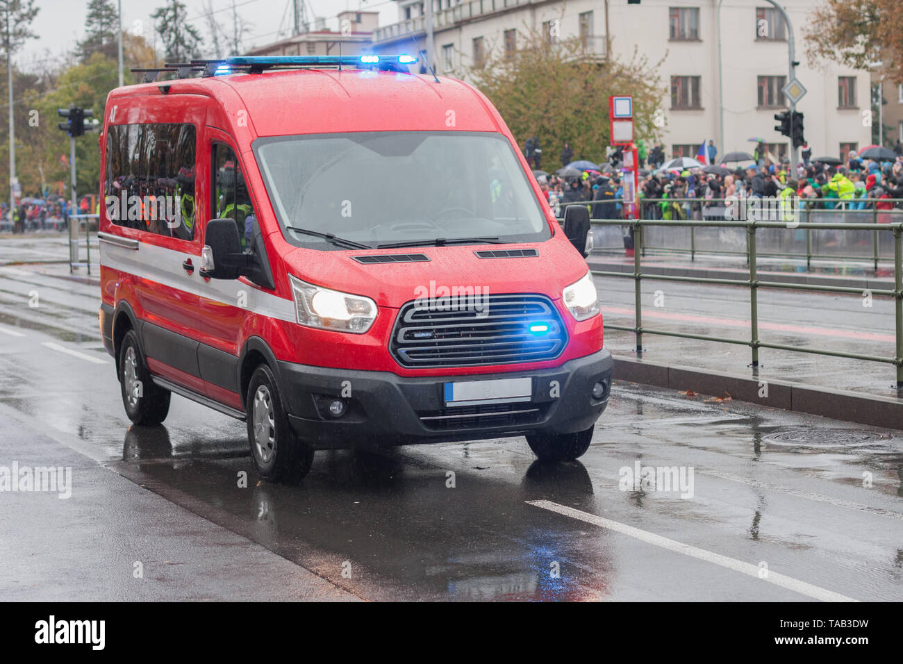 Fire brigade workers riding cars on military parade in Prague, Czech ...