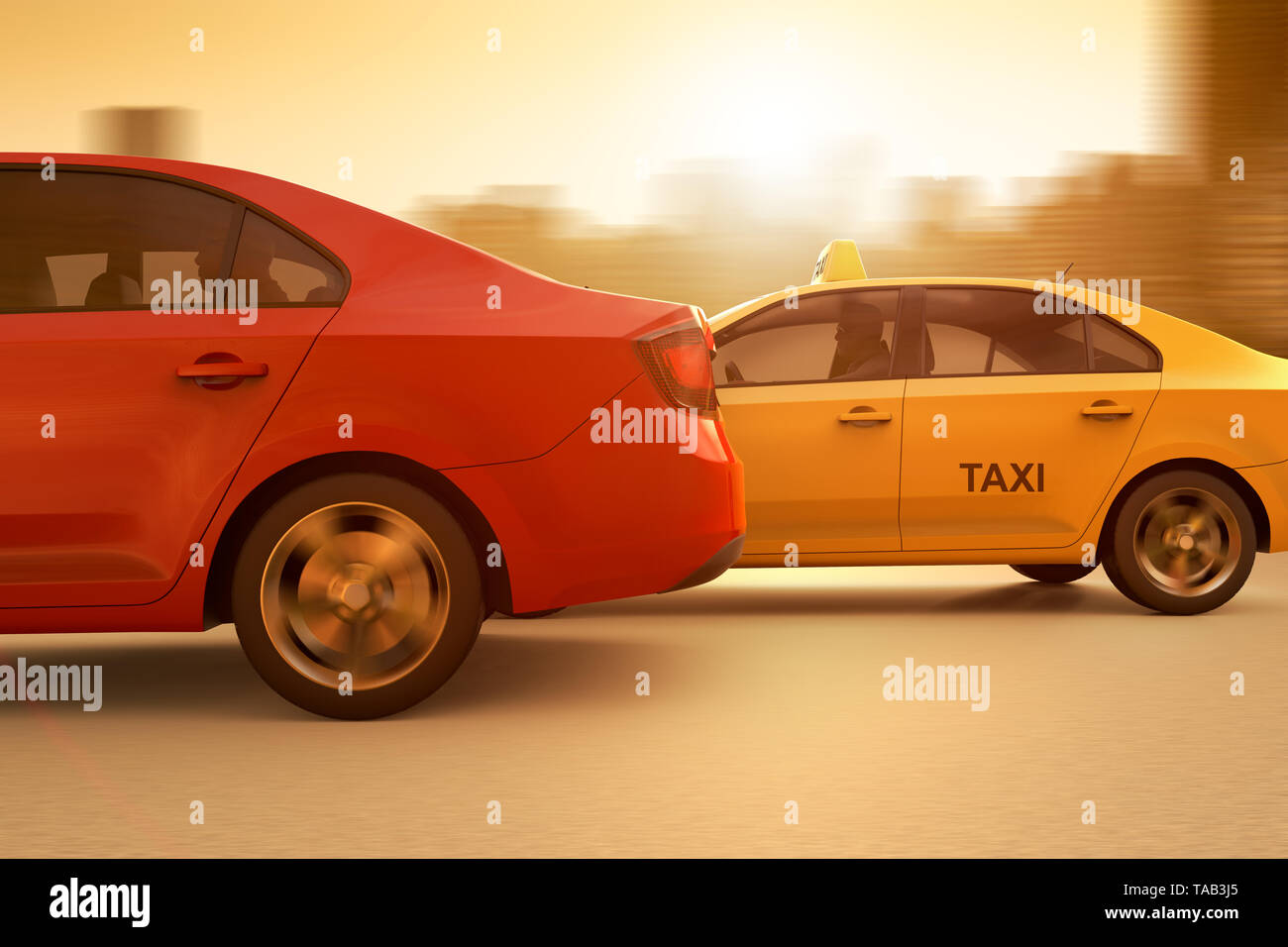 3D rendering of a conceptual image of a race between a regular taxi and ...