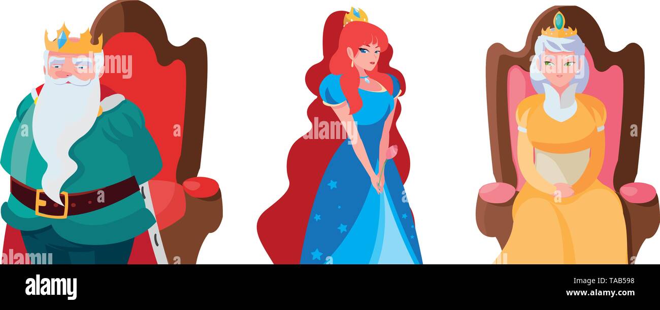 princess with queen and king on throne of tales character vector ...