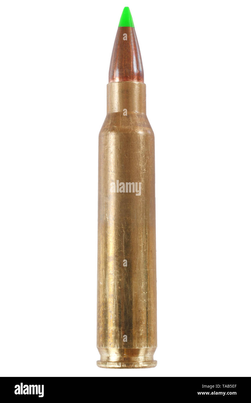 The 5.56×45mm NATO rimless bottlenecked intermediate cartridge isolated on white background ...