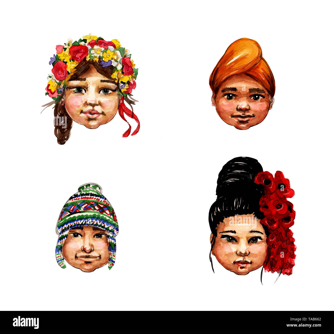 Children faces expression set. Watercolor illustration. Friends from ...