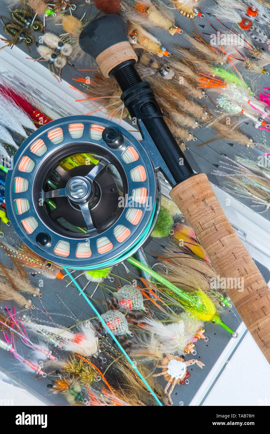 Saltwater fly fishing flies and fly rod and reel Stock Photo - Alamy
