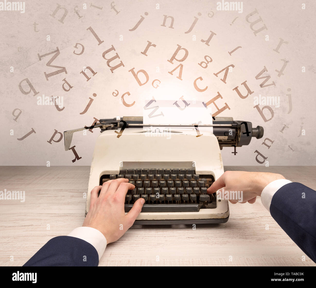 First person perspective elegant hand writing on typewriter with flying ...