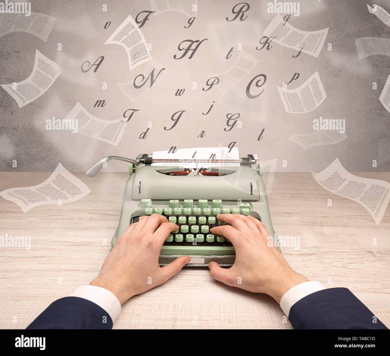 First person perspective hand typewriting with flying documents around ...