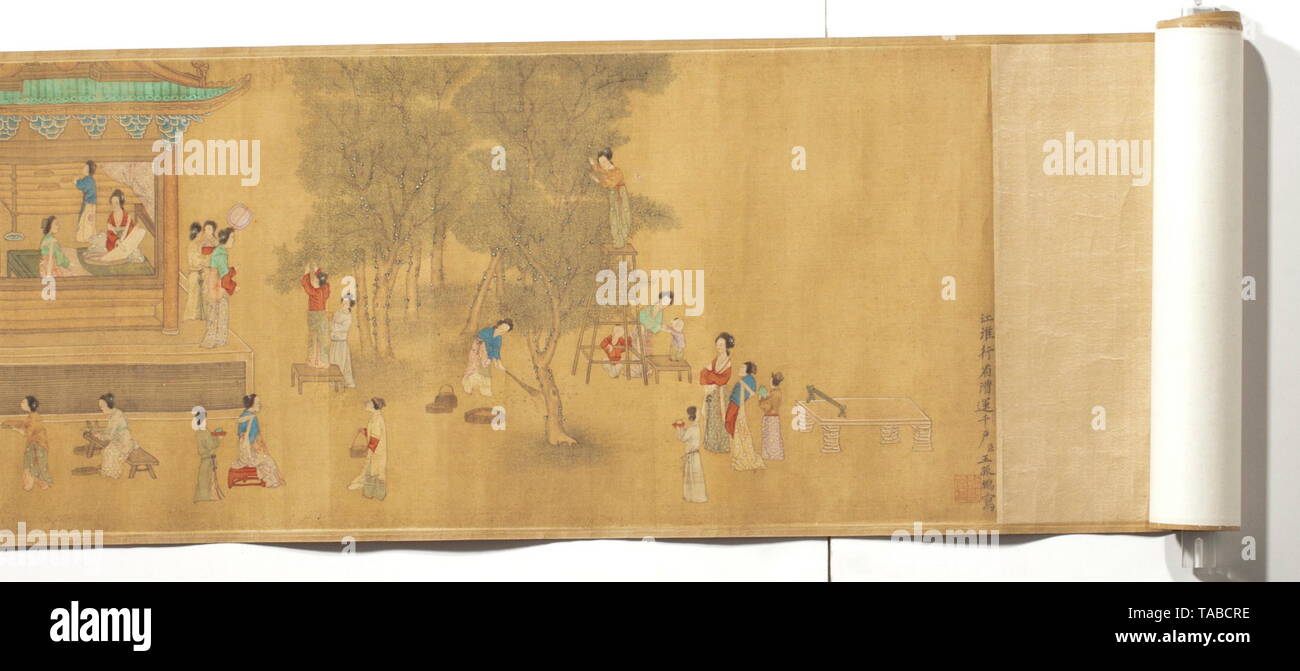 A Chinese scroll painting, probably Yuan dynasty(?) Detailed polychrome ...