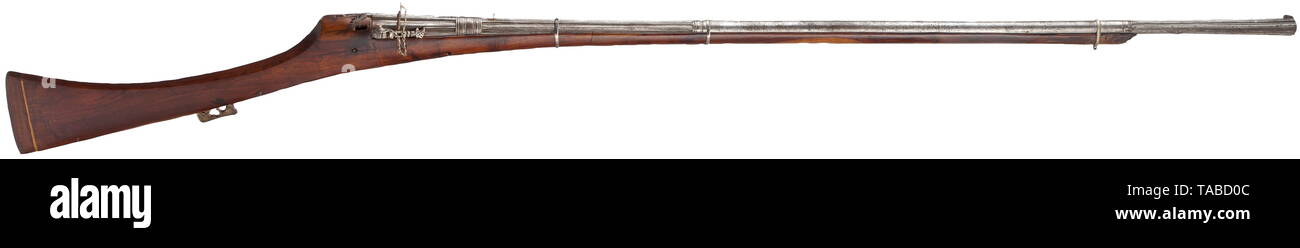 An Indian matchlock gun, 18th century Tapered smoothbore barrel in 12.5 ...
