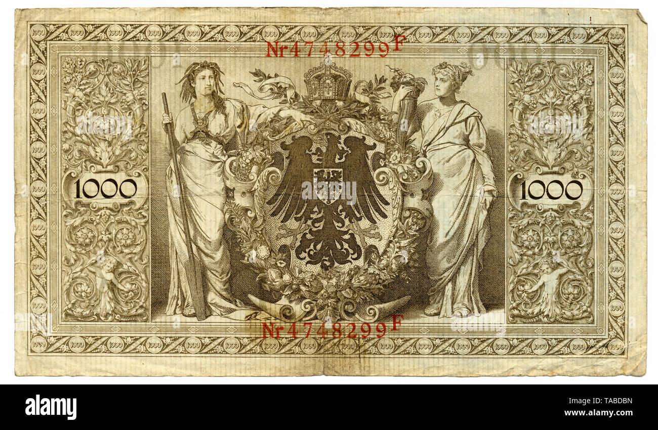 Back of a Reichsbank banknote, Rückseite, Reichsbanknote, 1000 Mark ...