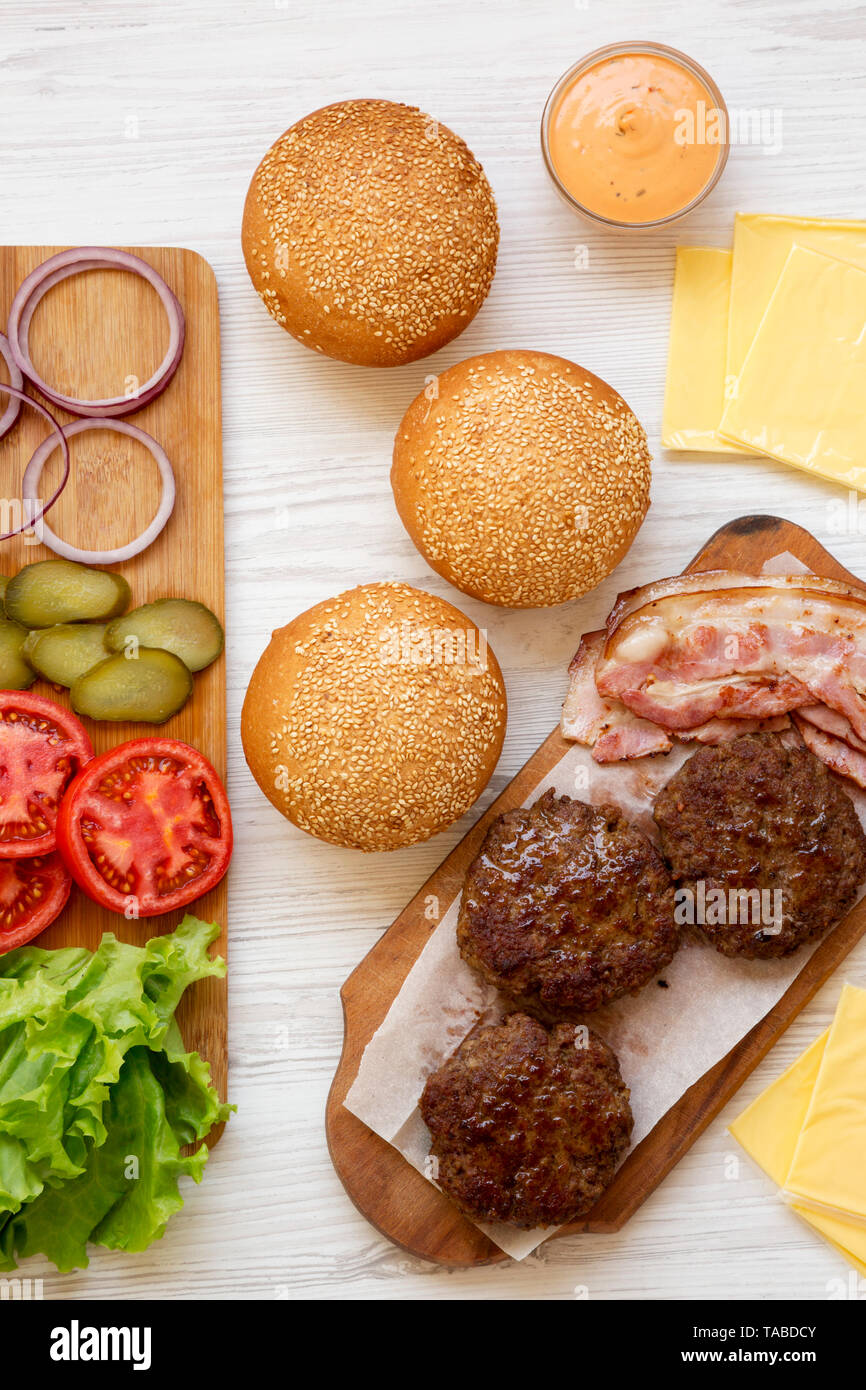 Cheese burger ingredients, view from above. Close-up Stock Photo - Alamy