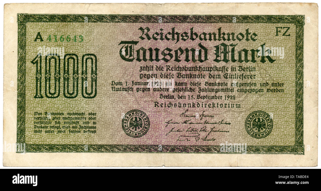 Historischer Geldschein, Reichsbanknote, 1000 Mark, 1922, Deutschland ...
