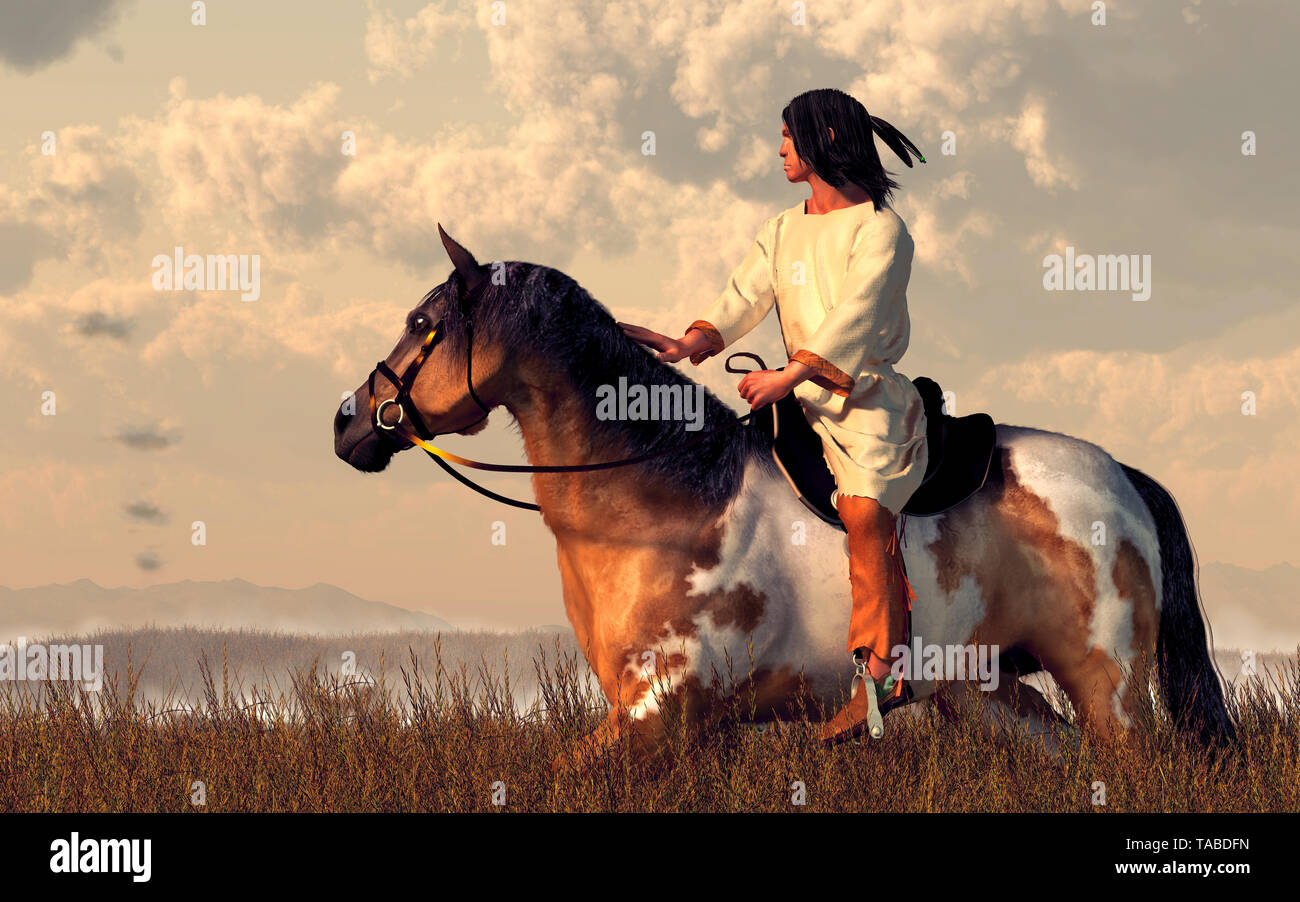 A Native American man rides his pinto through long grass in the plains ...