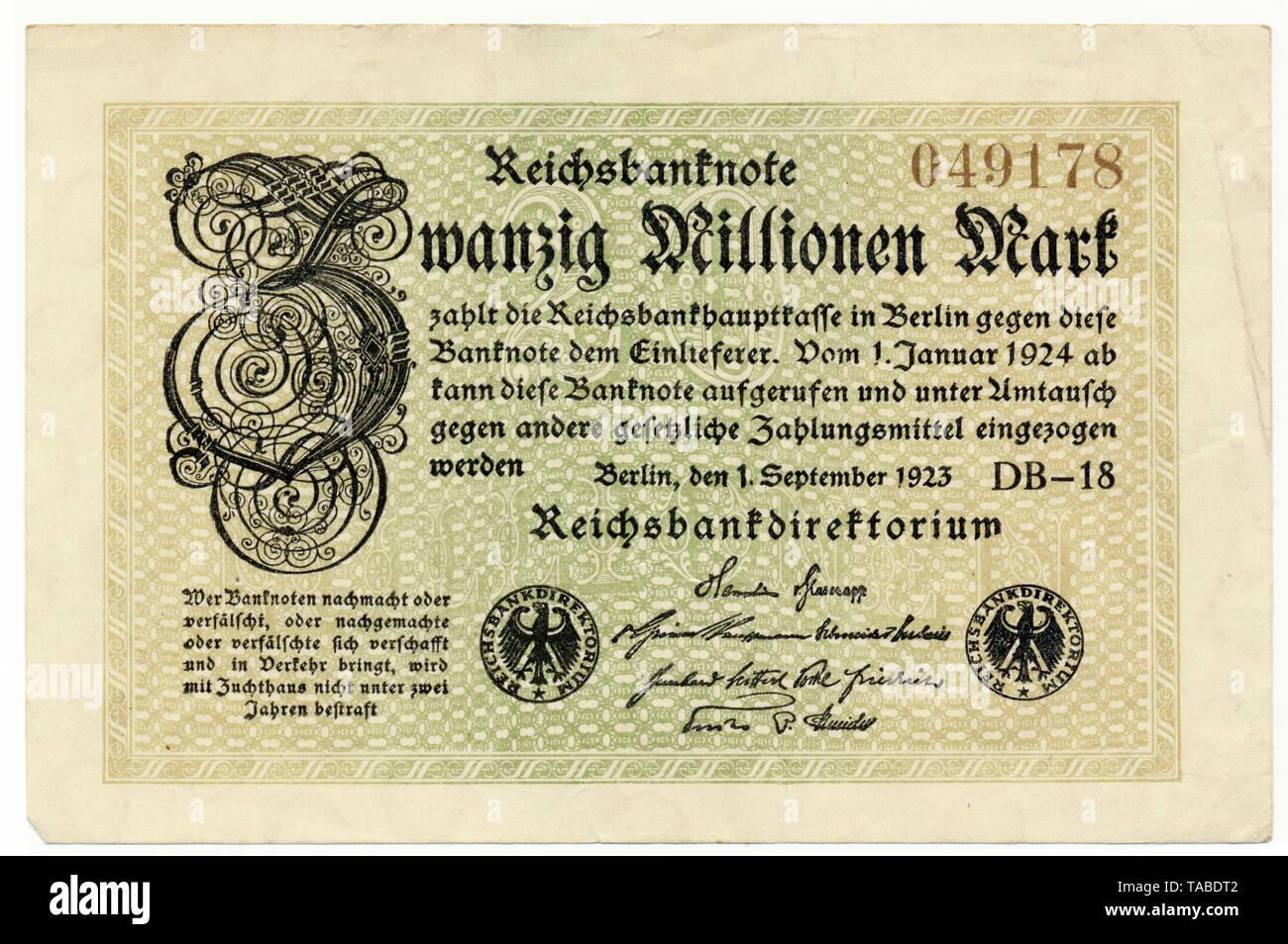 Front of a Reichsbank banknote, Vorderseite einer Banknote ...
