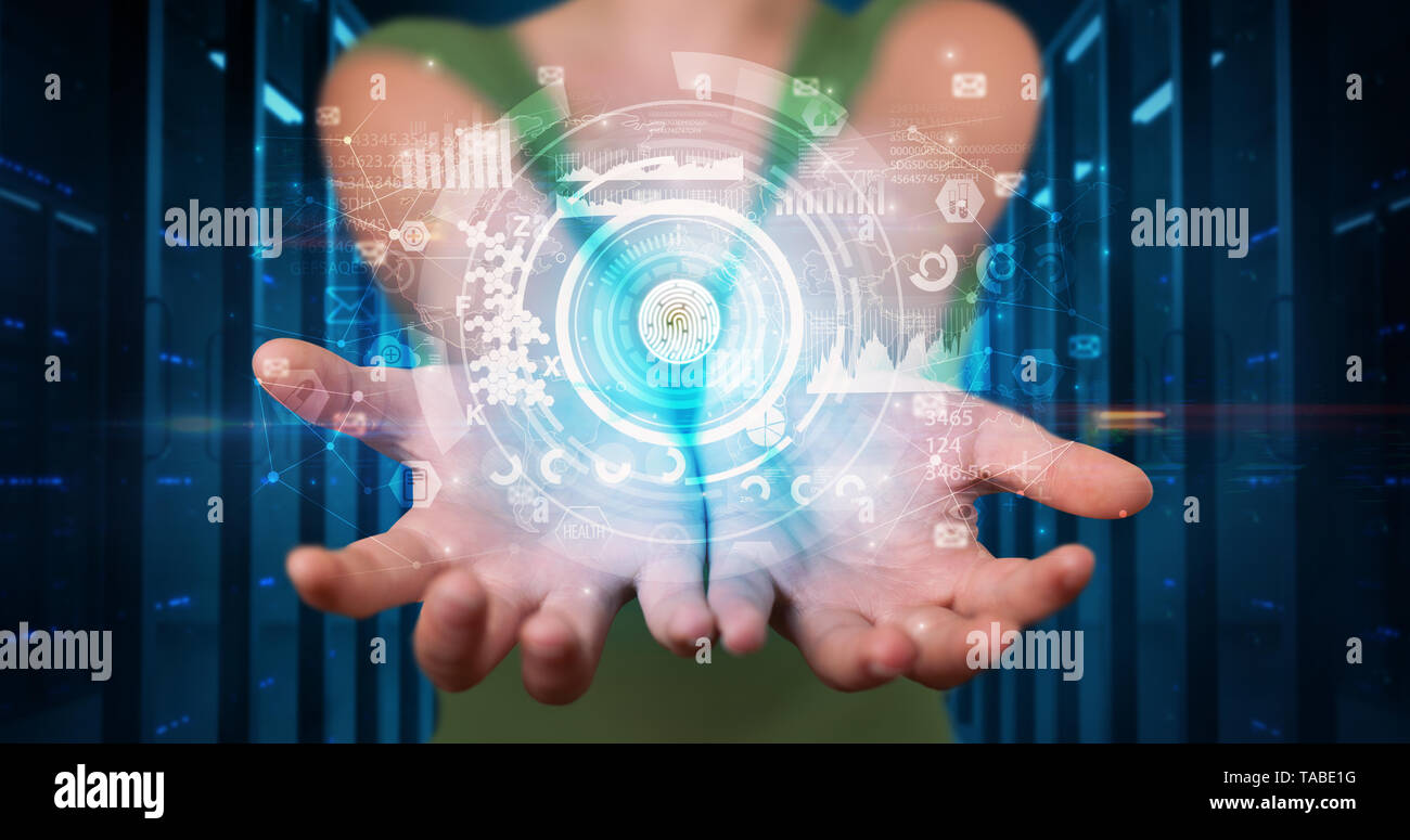 Woman holding hologram projection displaying biometric security concept ...