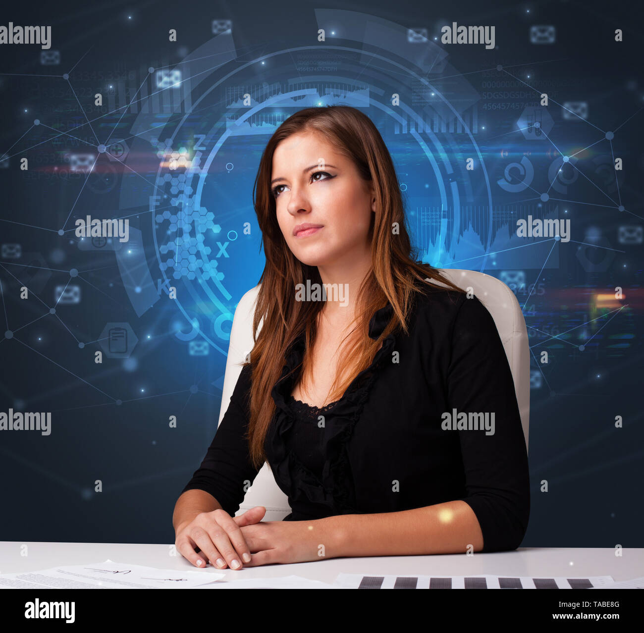 Manager in front of the office desk with connections and teamwork ...