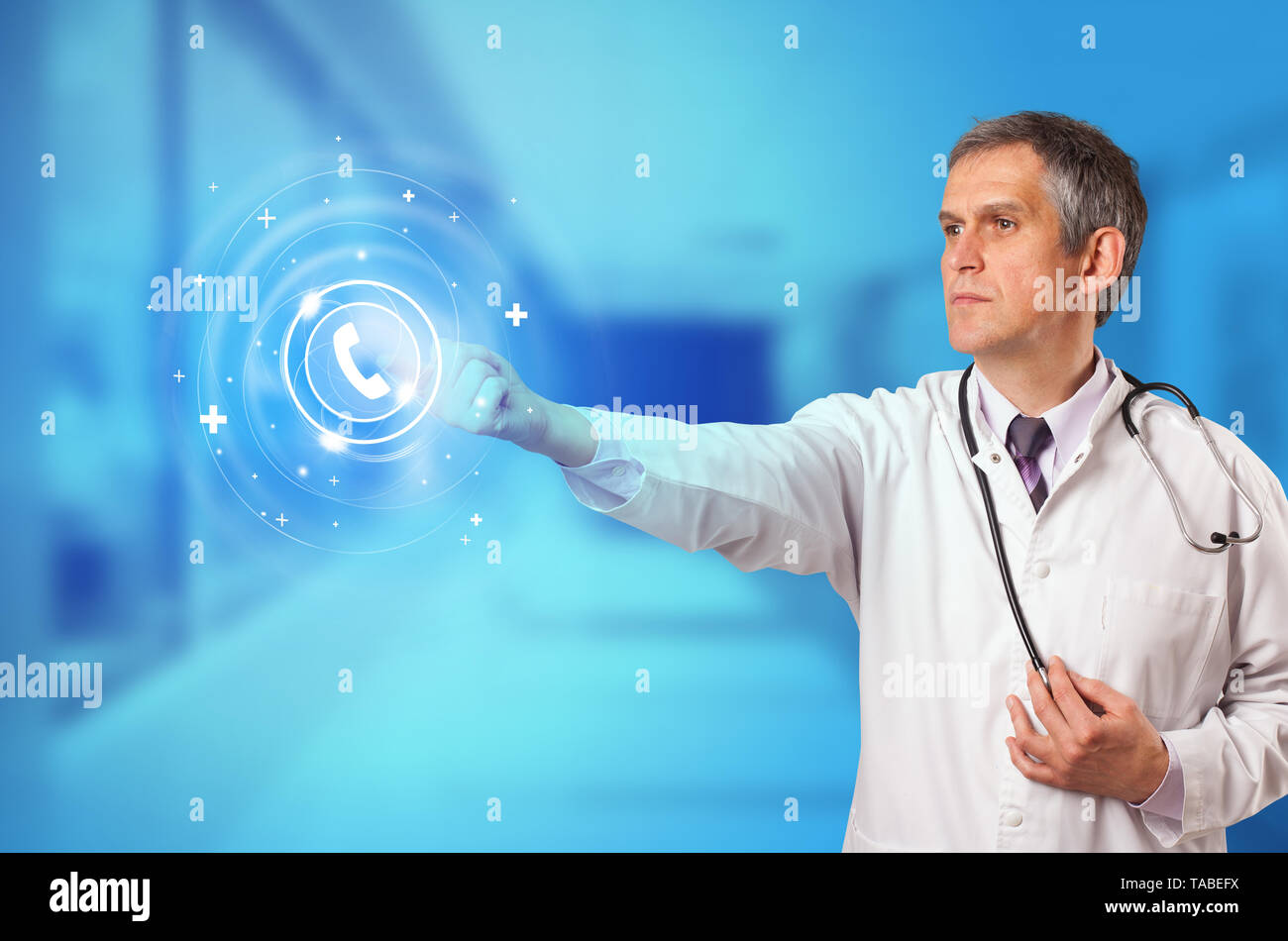 Doctor touching blue screen with call center concept Stock Photo - Alamy