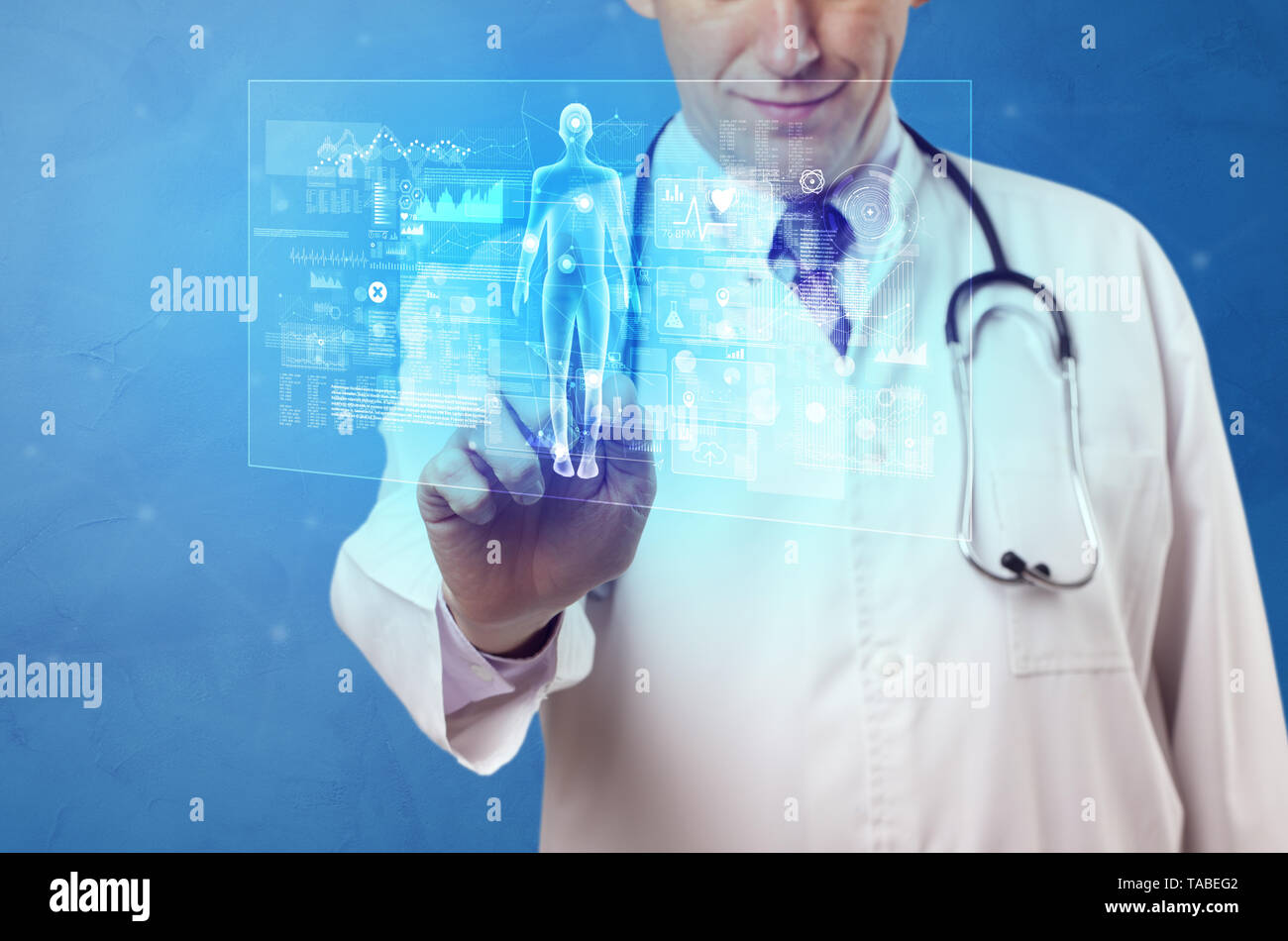 Doctor touching blue screen with full body analyze concept Stock Photo ...