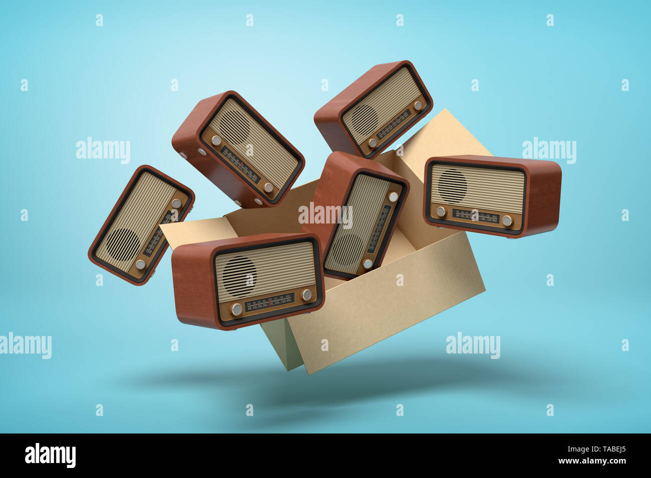 3d rendering of cardboard box full of old-fashioned radios in mid-air ...