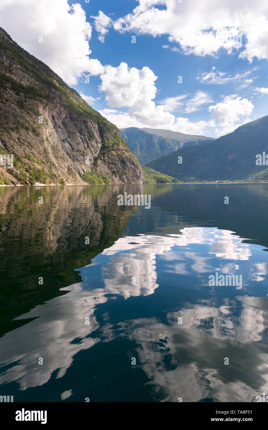 by boat between mountains on the Sognefjord in Laerdal, Norway Stock ...