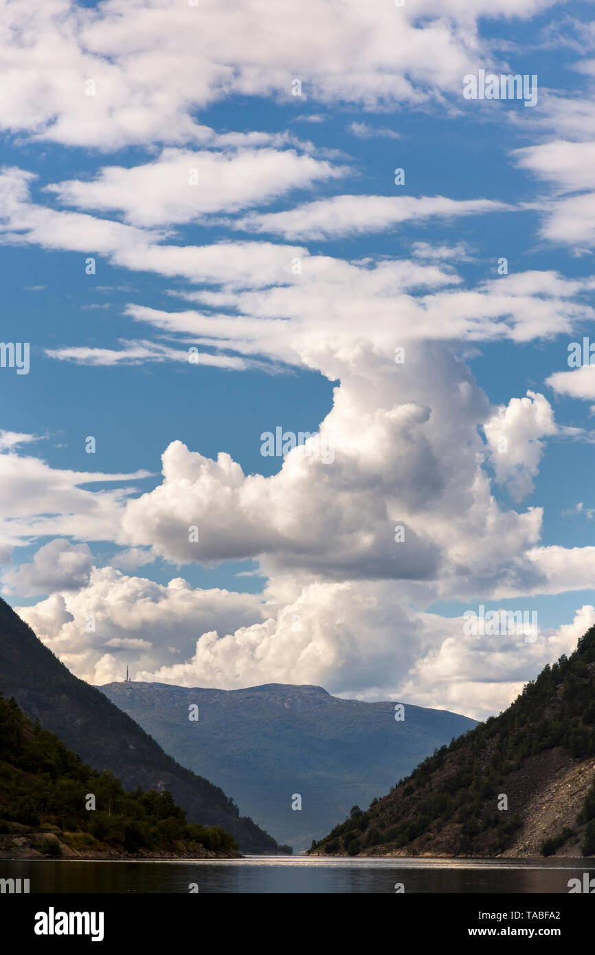 by boat between mountains on the Sognefjord in Laerdal, Norway Stock ...