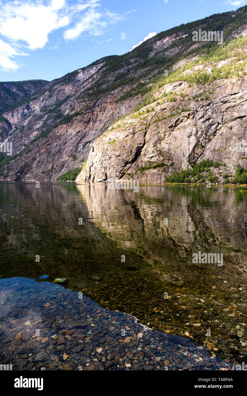 by boat between mountains on the Sognefjord in Laerdal, Norway Stock ...
