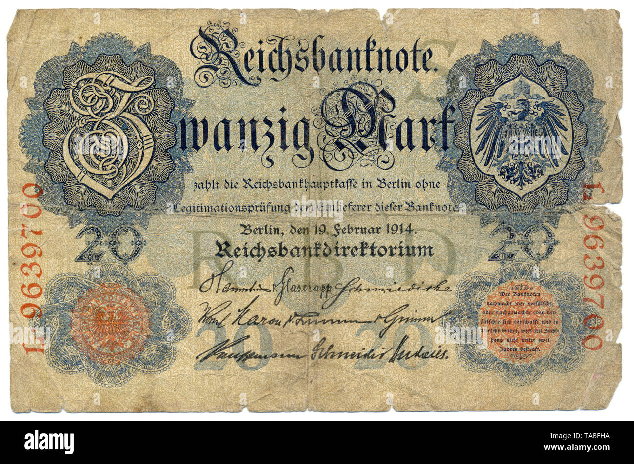 Front of a Reichsbank banknote, 20 RM (Reichsmark), Germany ...