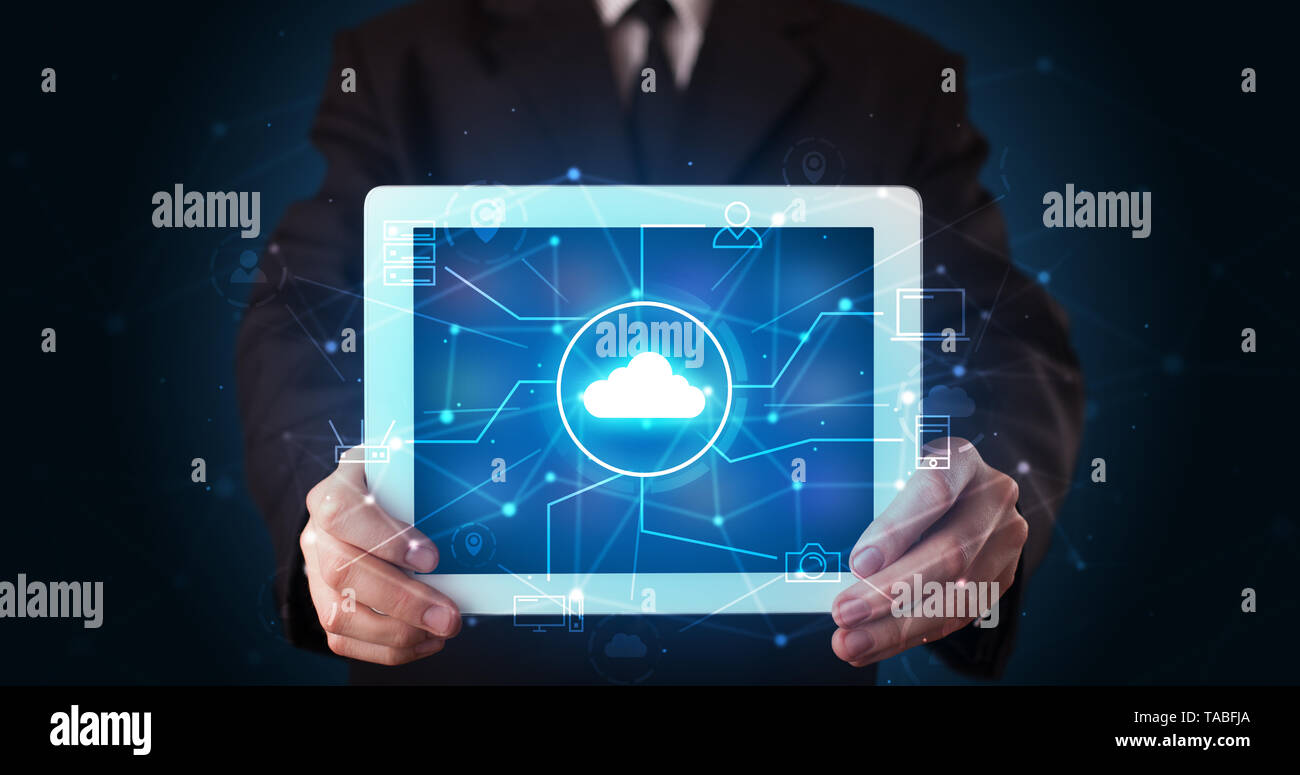 Formal hand in server room with virtual workspace concept Stock Photo ...