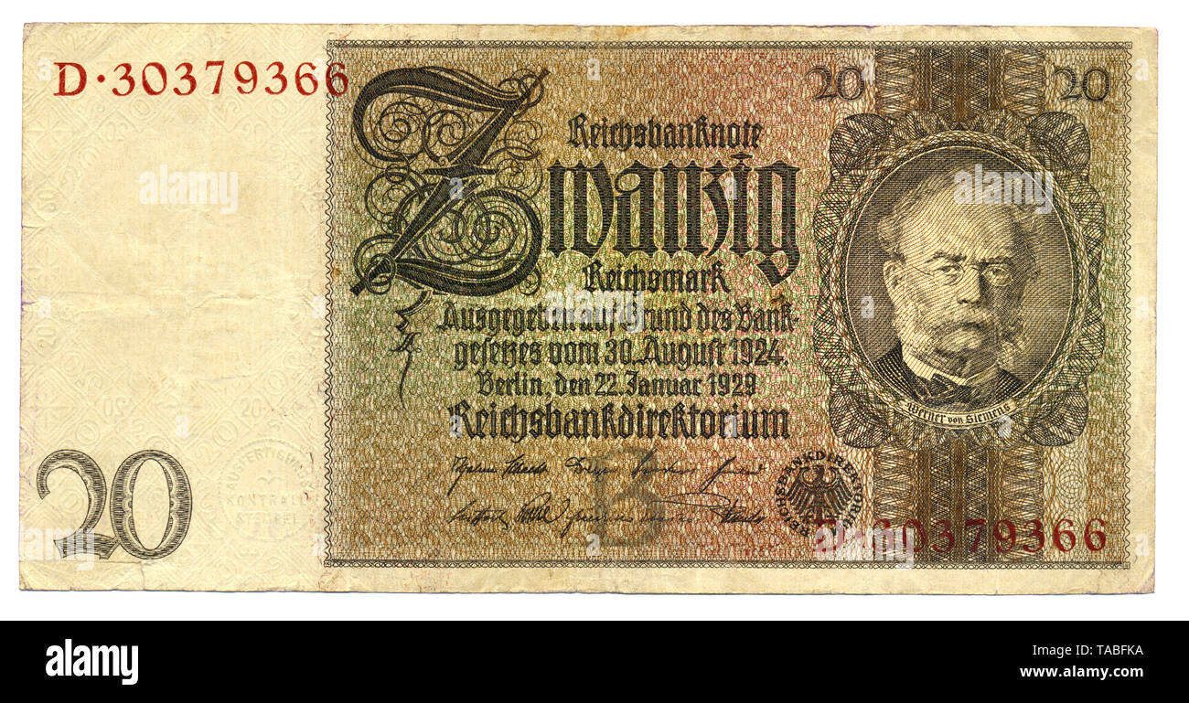 Front of a Reichsbank banknote, Vorderseite, Reichsbanknote, 20 RM ...