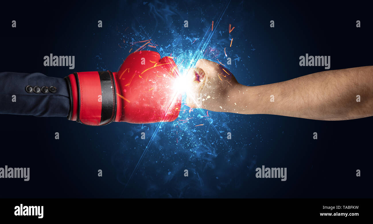 Two hands fighting with light, glow, spark and smoke concept Stock ...