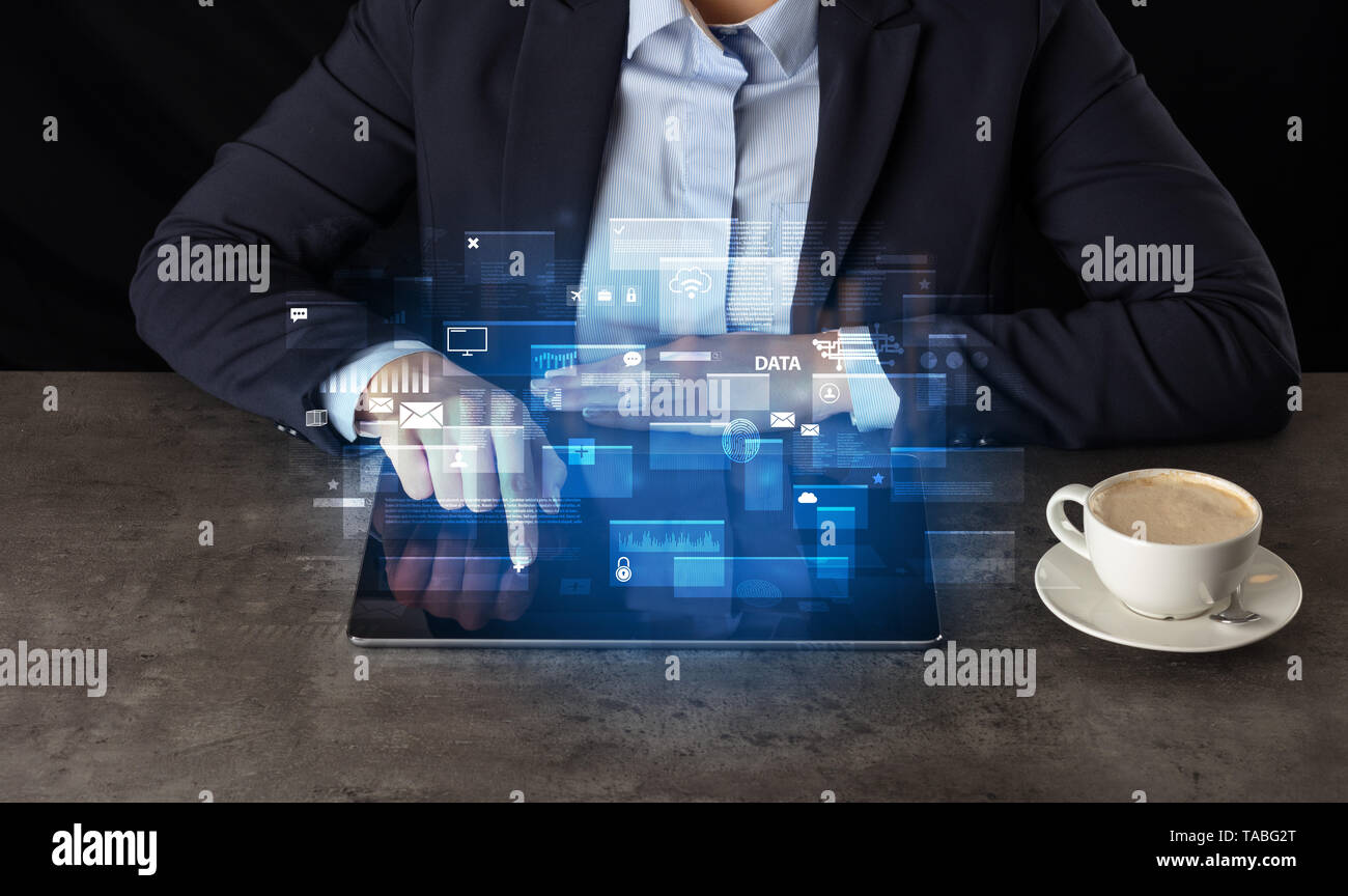 Business woman working on tablet with global database concept and dark ...
