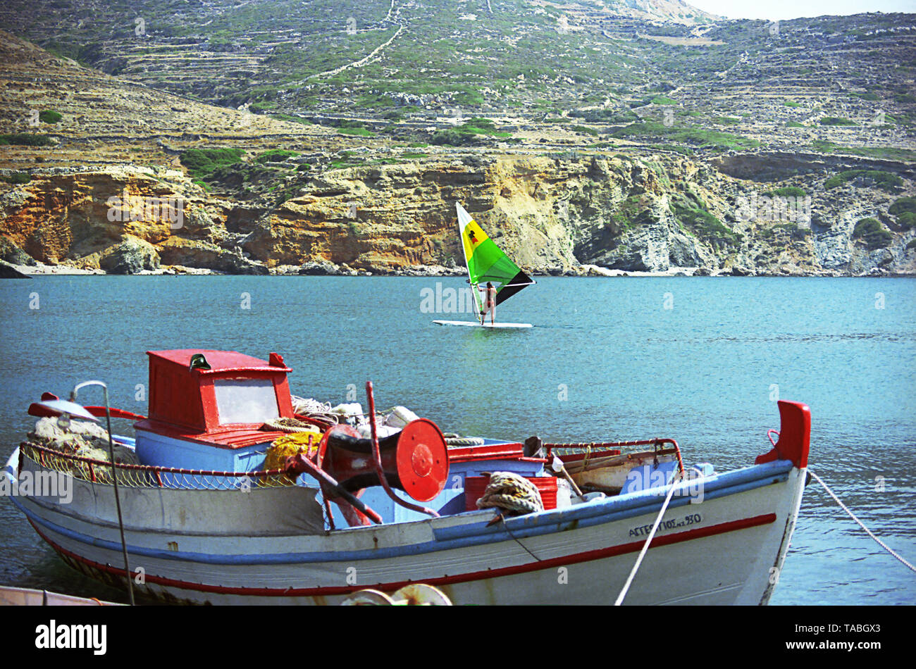 Ayios Nikolaos beach near Agkali, Folegandros, Greece, with fishing ...