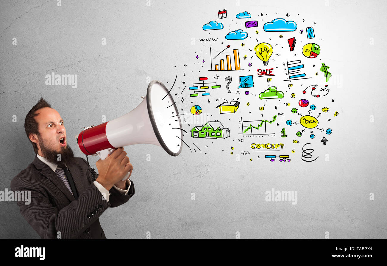 Person holding megaphone and yelling office concept Stock Photo - Alamy