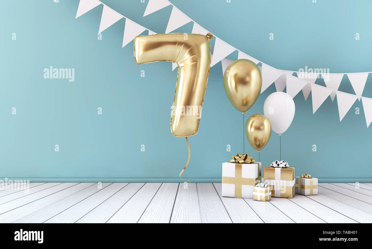 Happy 7th birthday party celebration balloon, bunting and gift box. 3D ...