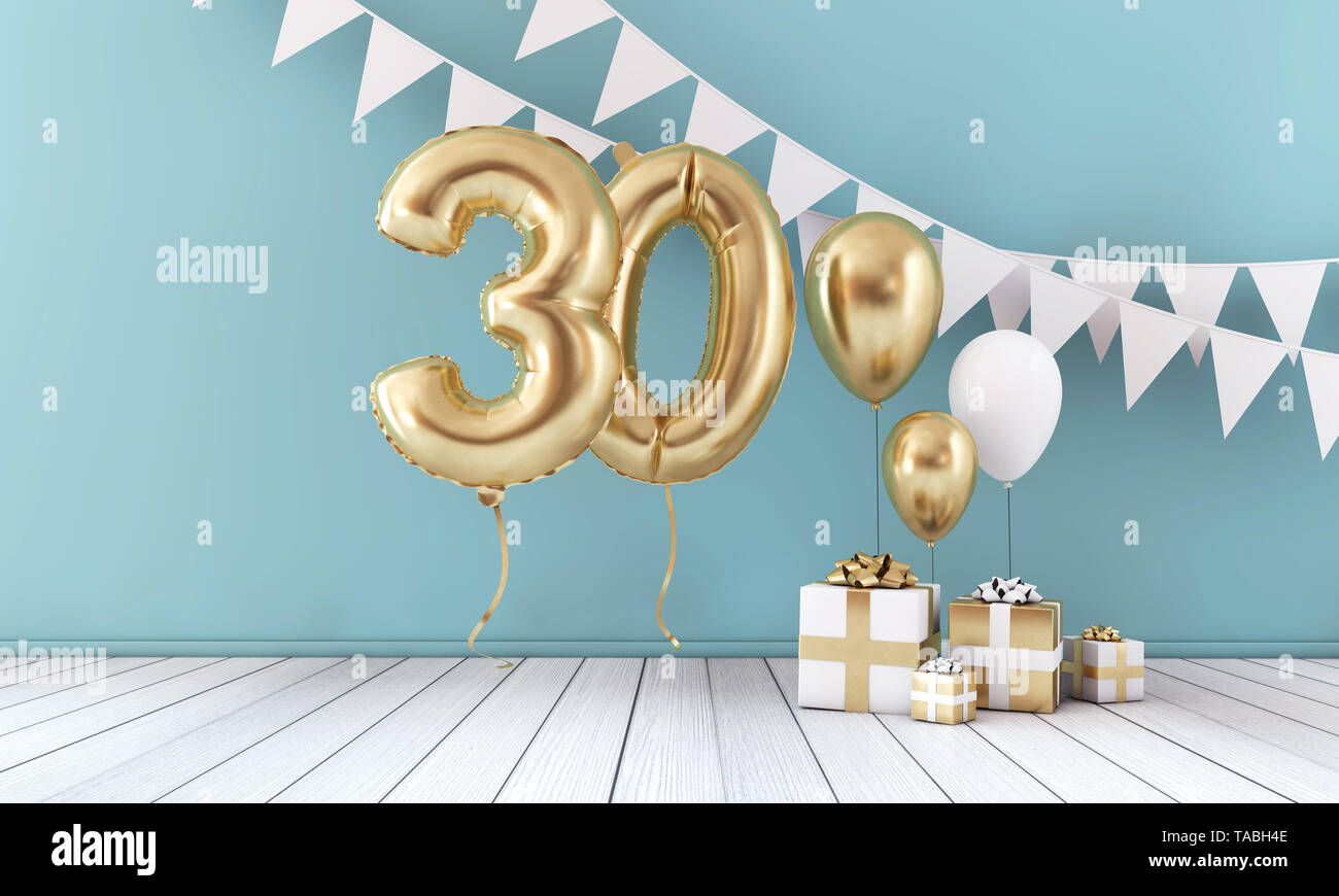 Happy 30th birthday party celebration balloon, bunting and gift box. 3D ...