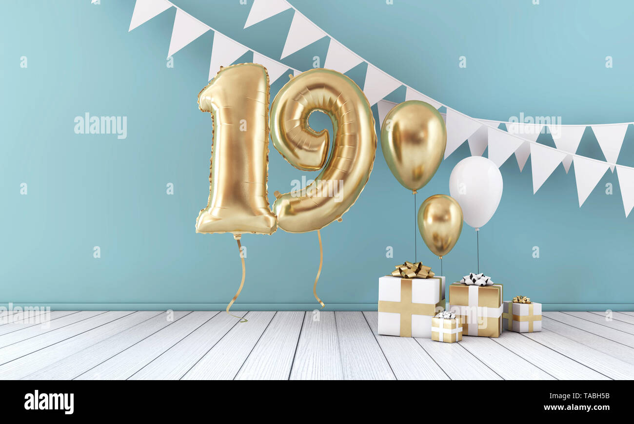 Happy 19th birthday party celebration balloon, bunting and gift box. 3D ...