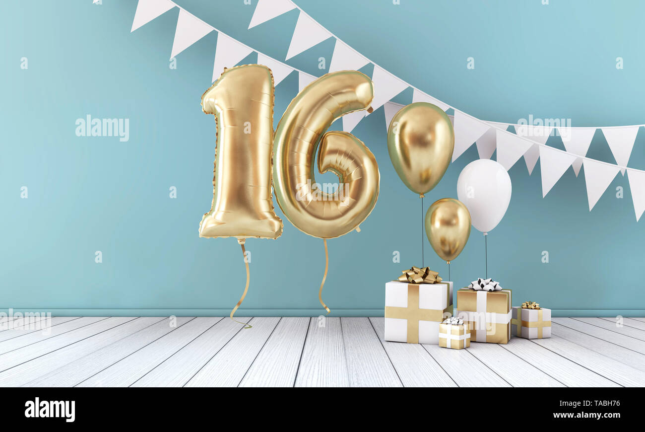 Happy 16th birthday party celebration balloon, bunting and gift box. 3D ...