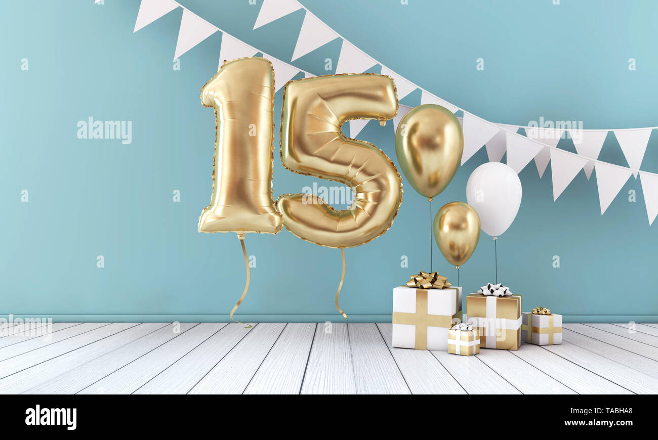 Happy 15th birthday party celebration balloon, bunting and gift box. 3D ...