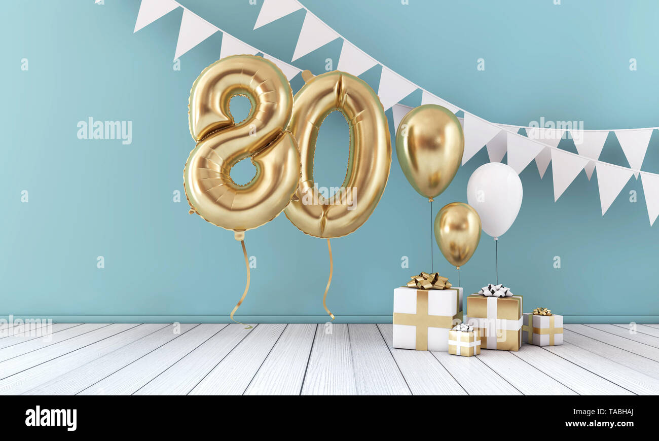 Happy 80th birthday party celebration balloon, bunting and gift box. 3D ...