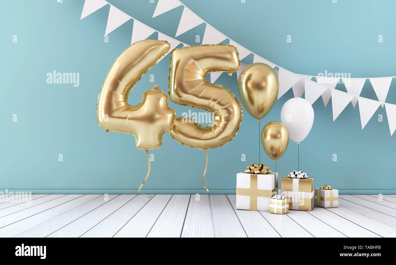 Happy 45th birthday party celebration balloon, bunting and gift box. 3D ...