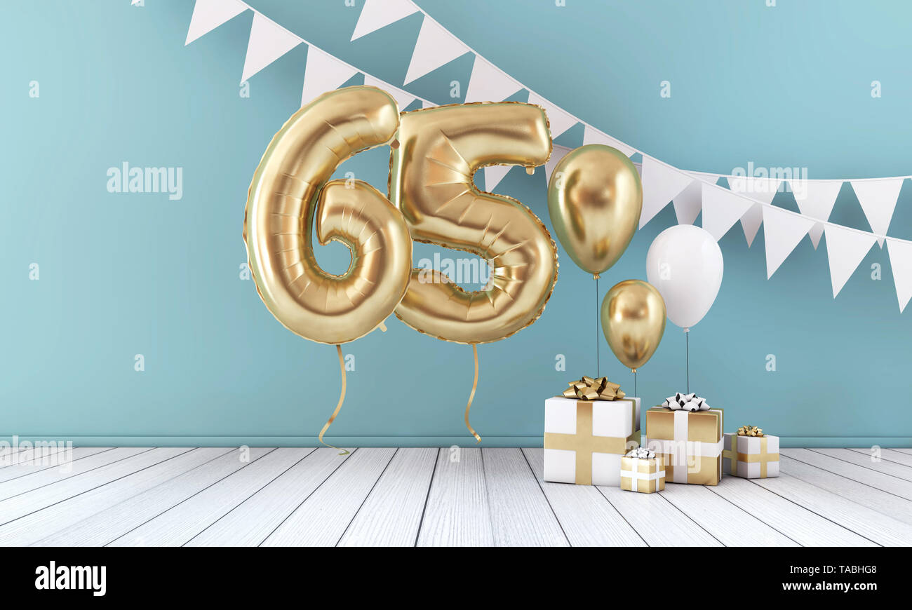 Happy 65th birthday party celebration balloon, bunting and gift box. 3D ...