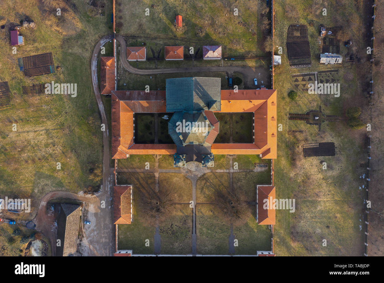 Aerial view of old monastery in winter on sunny day Stock Photo - Alamy