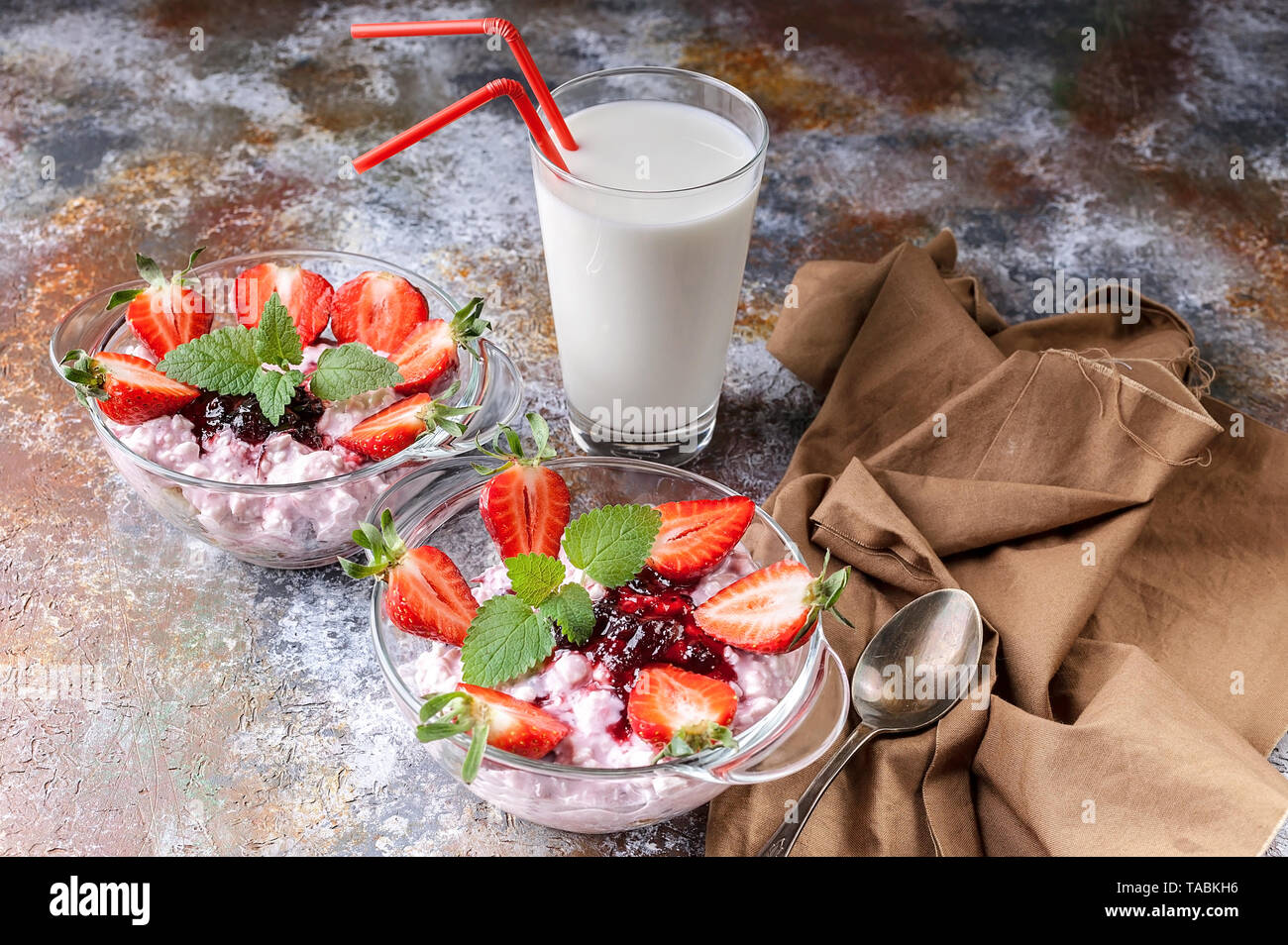 Milk products. Milk, cottage cheese, jam, yogurt with fresh ...
