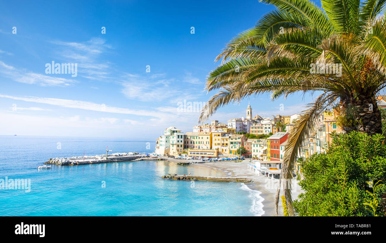 Sandy beach and architecture of bogliasco town hi-res stock photography ...