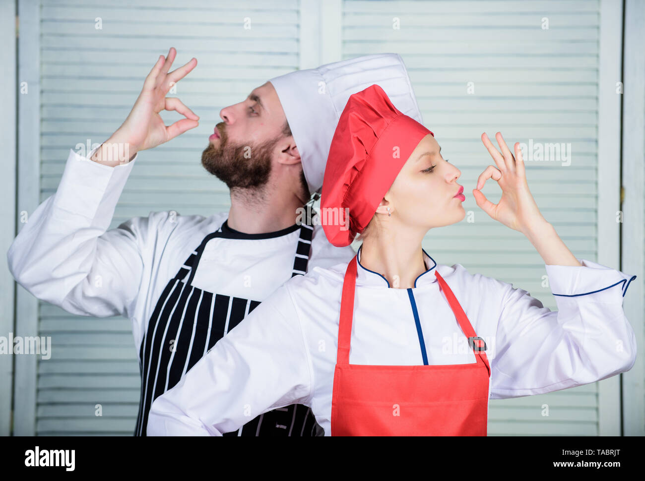 Team of kitchen. couple in love with perfect food. Menu planning ...