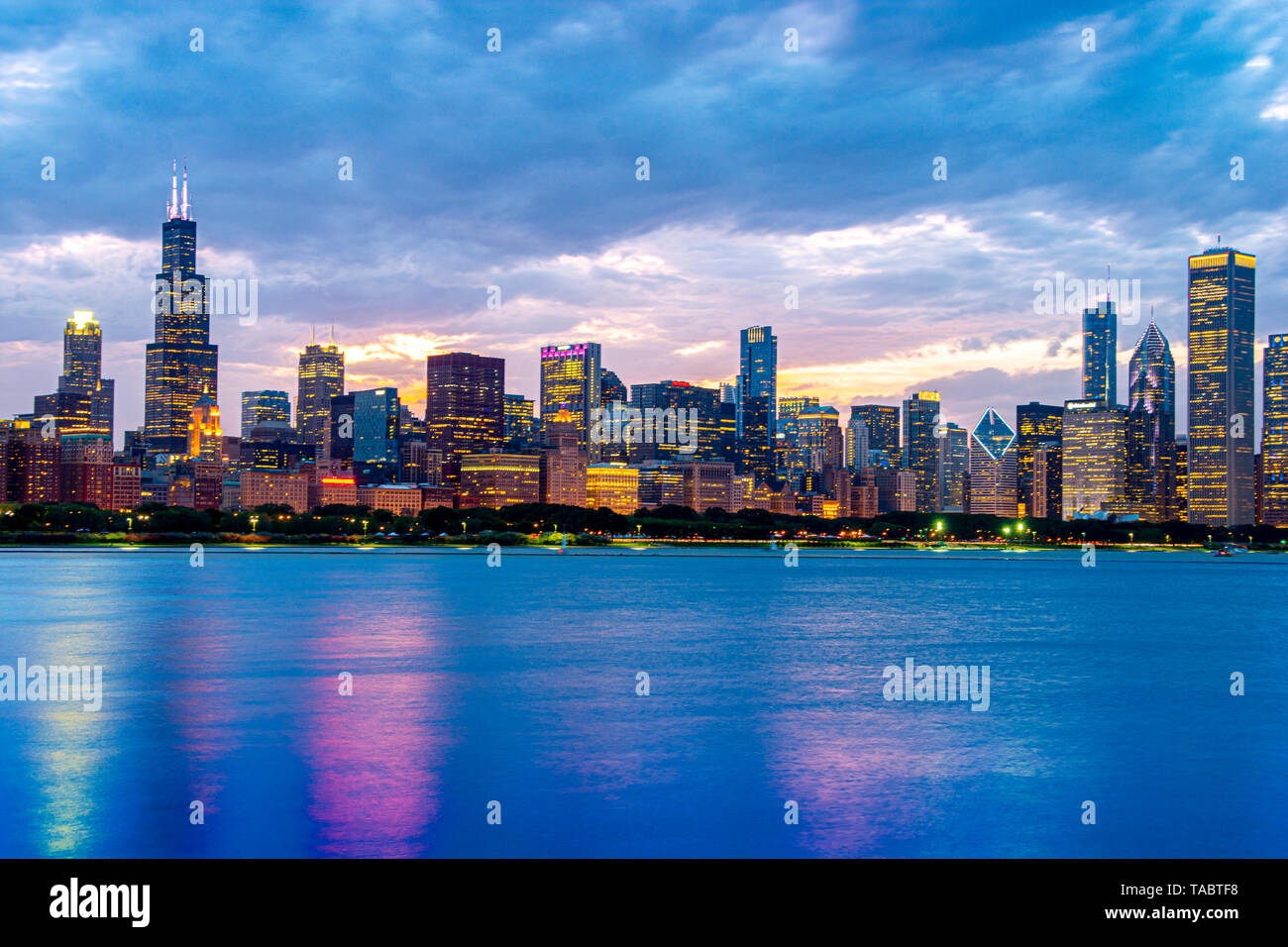 Chicago Skyline seen from the Adler Planetarium during sunset on a hot ...